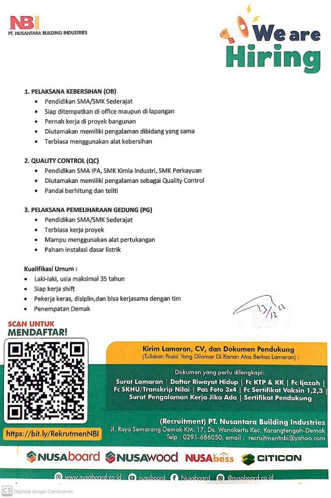 Lowongan Kerja PT. Nusantara Building Industries (PT. NBI) – BKK SMK Muhammadiyah 1 Gondangrejo